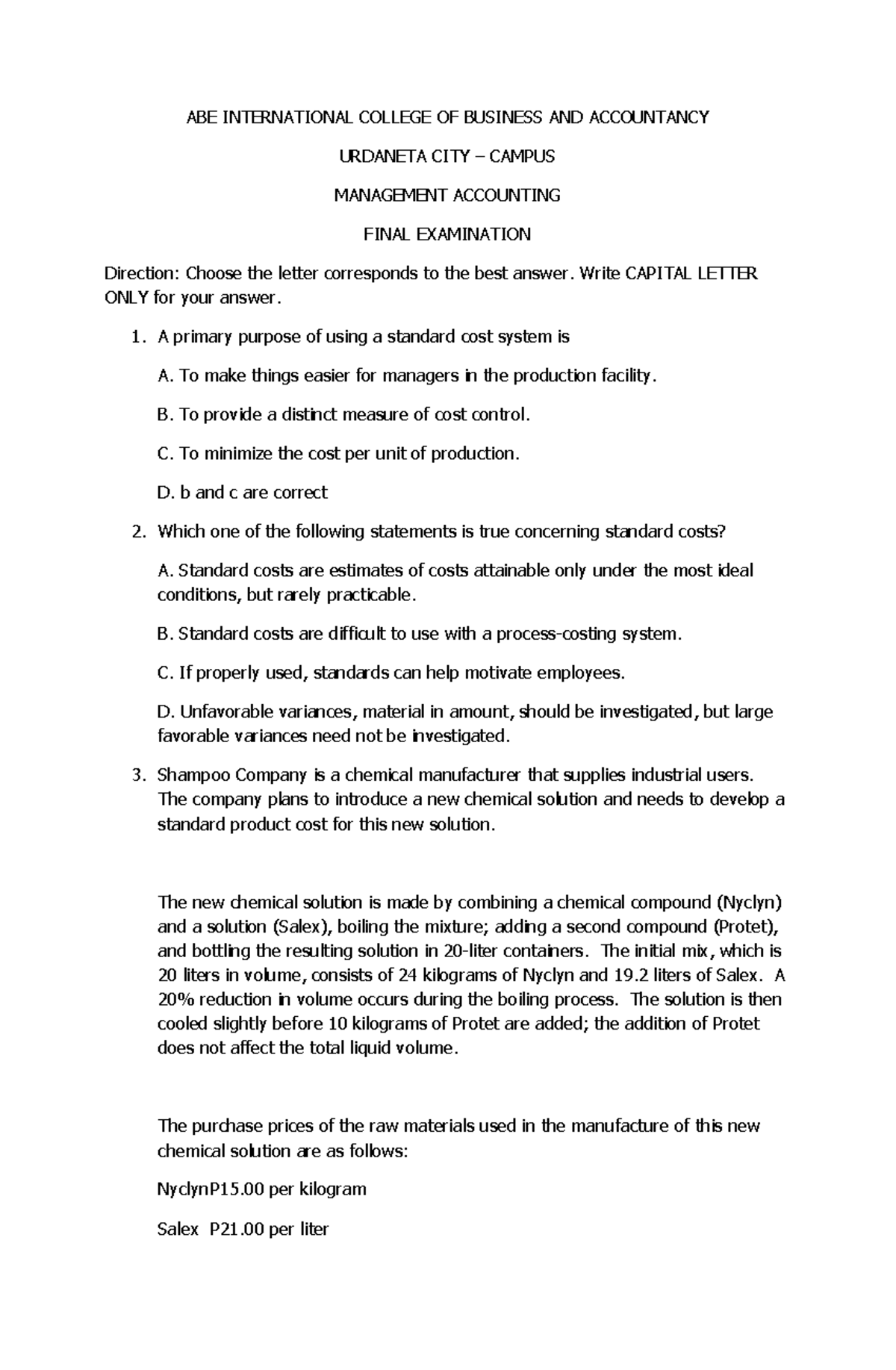 Managerial Accounting Test bank........ accounting - ABE INTERNATIONAL ...