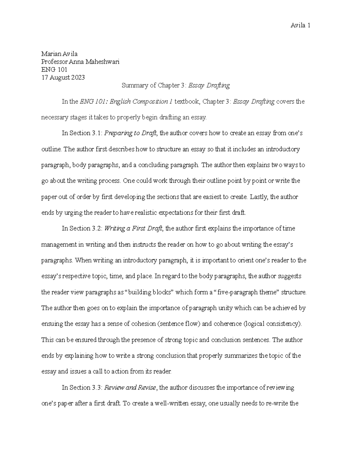 Summary of Chapter 3: Essay Drafting in ENG 101 Textbook - Studocu
