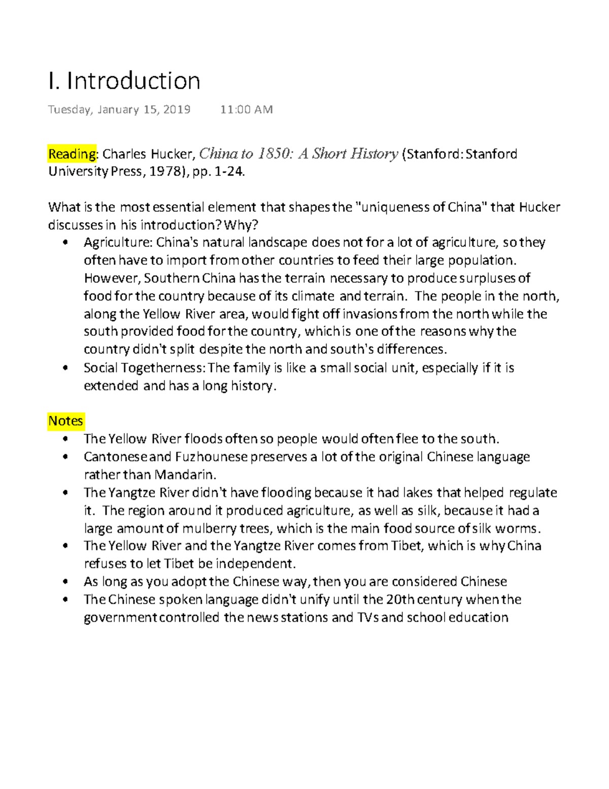I. Introduction - Lecture notes 1 - Reading: Charles Hucker, China to ...
