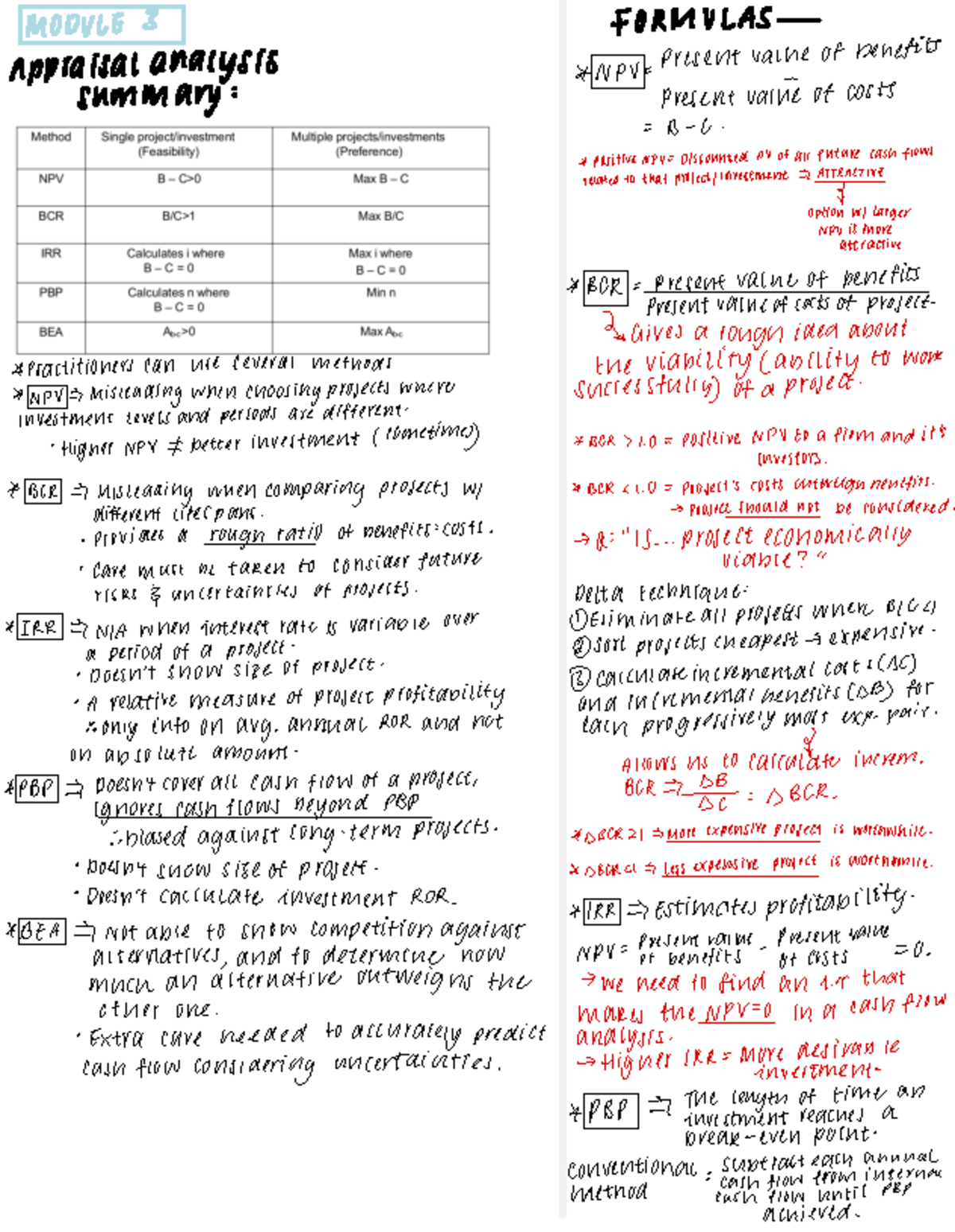 Midterm Notes - MODULE 3 FORMULAS Appraisal analysis aNPV = Present ...
