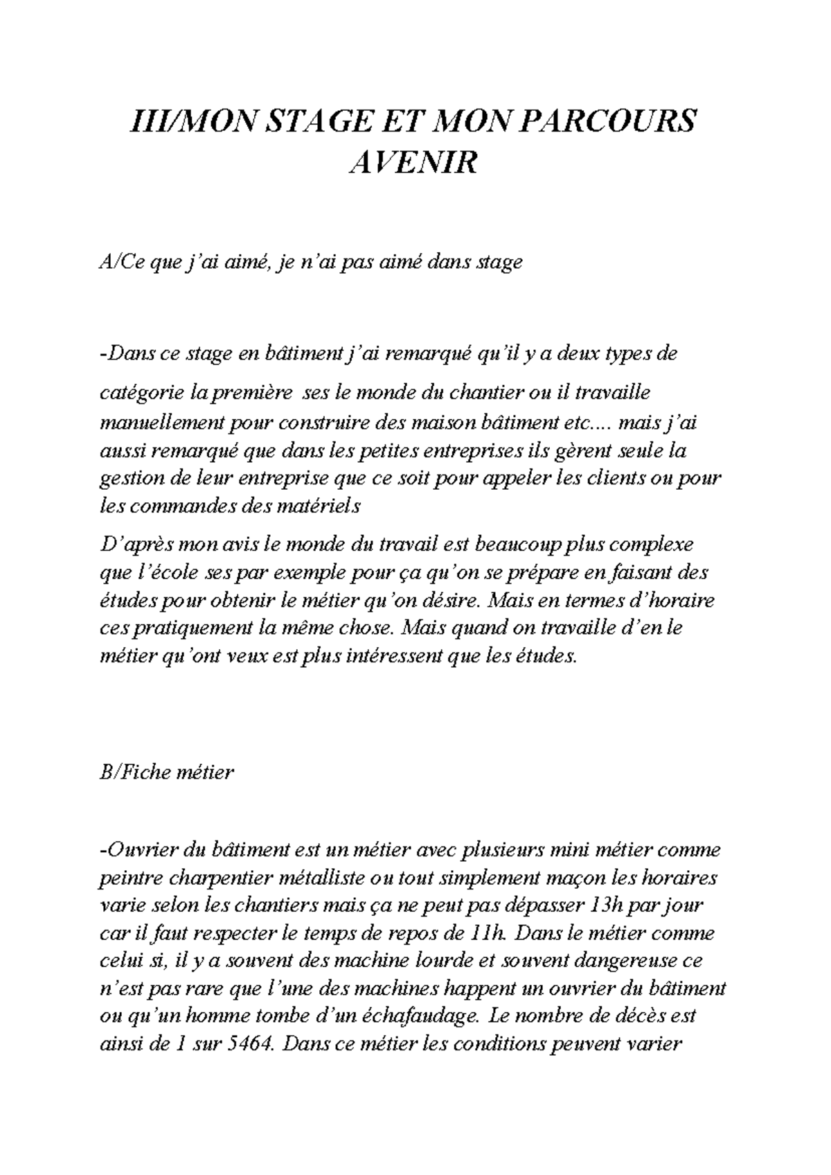 Iiimon Stage ET MON Parcours Avenir - III/MON STAGE ET MON PARCOURS ...