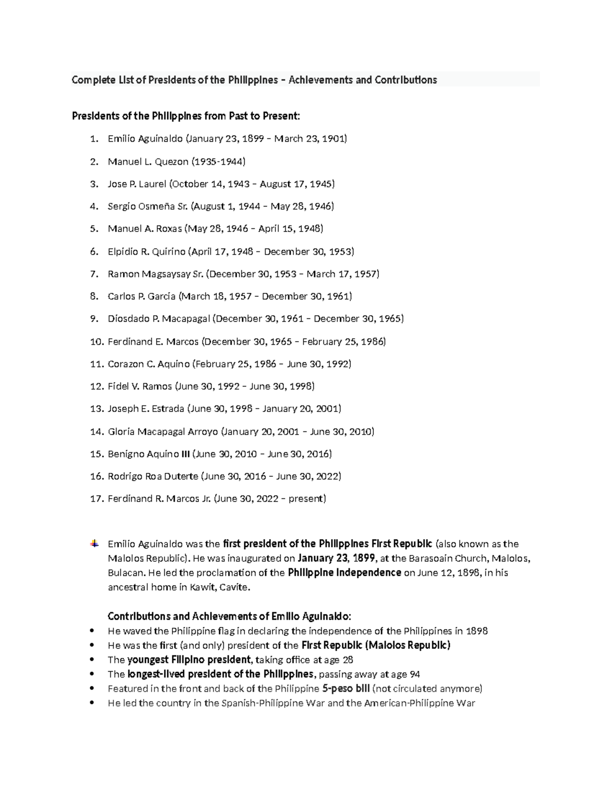 Philippine presidents - Complete List of Presidents of the Philippines ...