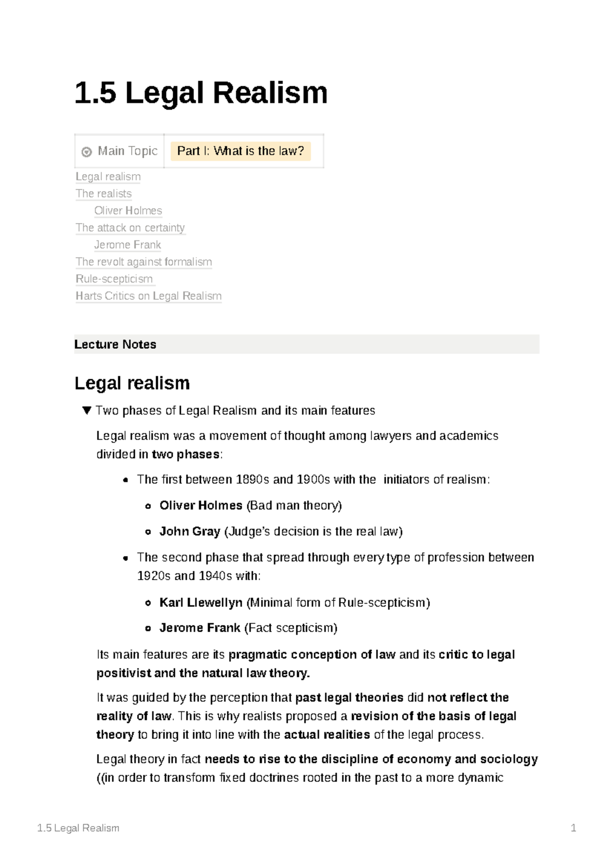 1.5 Legal Realism - 1 Legal Realism Main Topic Part I: What is the law ...