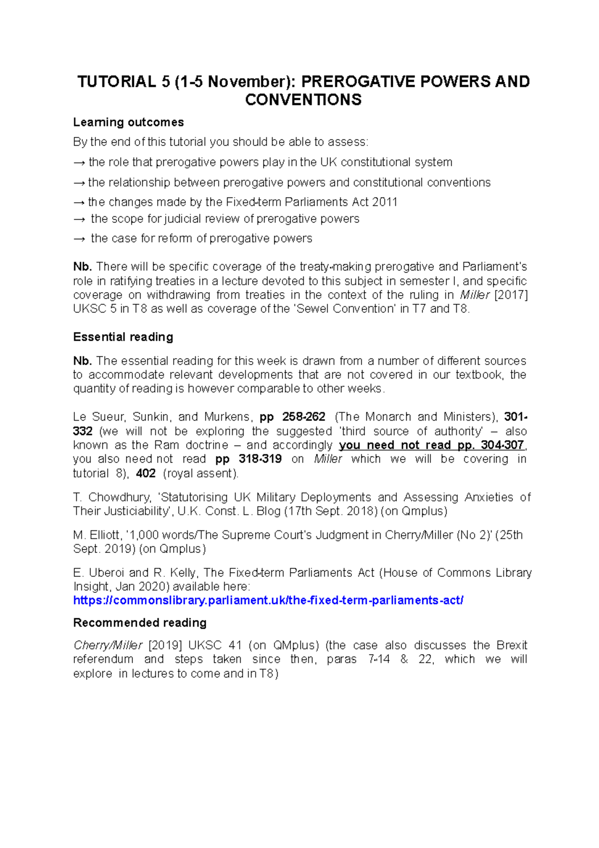 T5 (1-5 November) Prerogative Powers Conventions - TUTORIAL 5 (1-5 ...