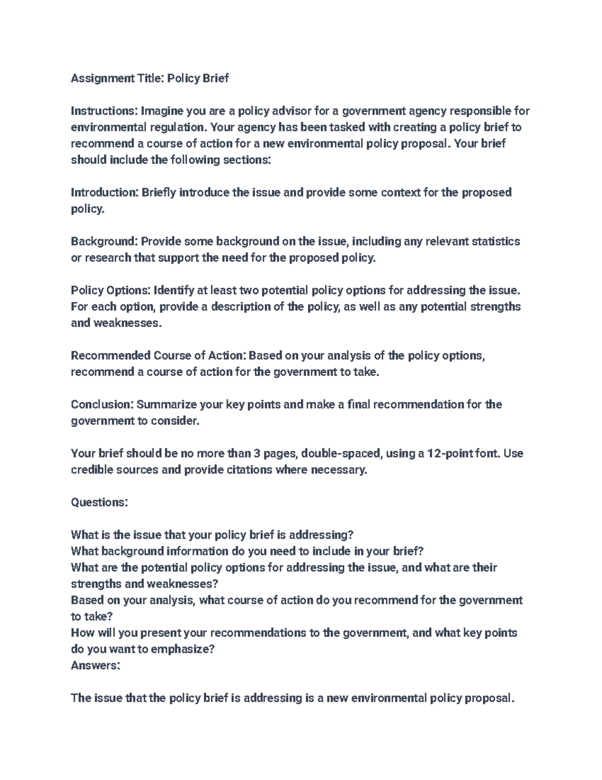 Assignment Title Policy Brief - Assignment Title: Policy Brief ...