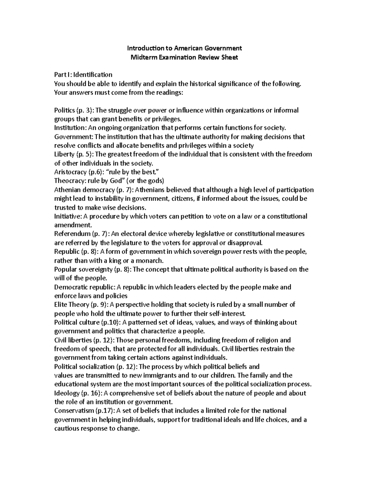 US Government Midterm Review Sheet - Introduction to American ...