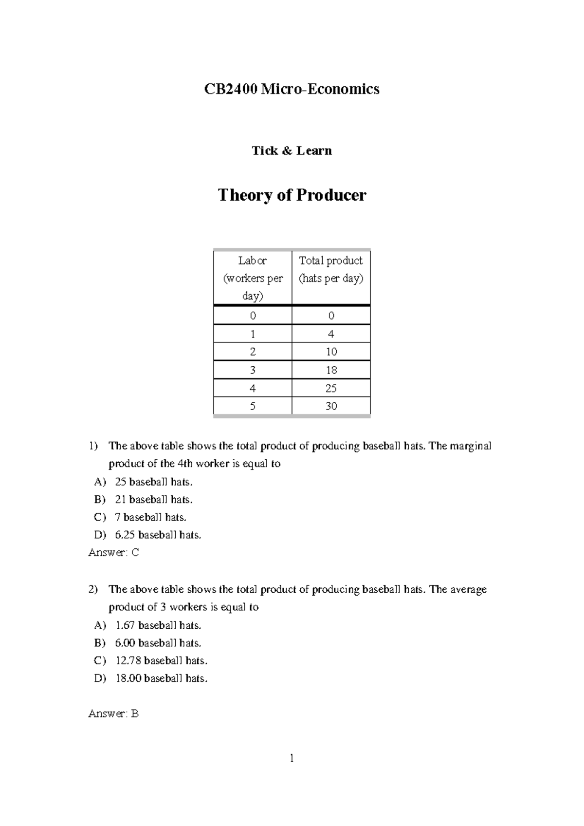 (05) CB2400 Tick & Learn Theory OF Producer answers - CB2400 Micro-Economics Tick & Learn Theory ...