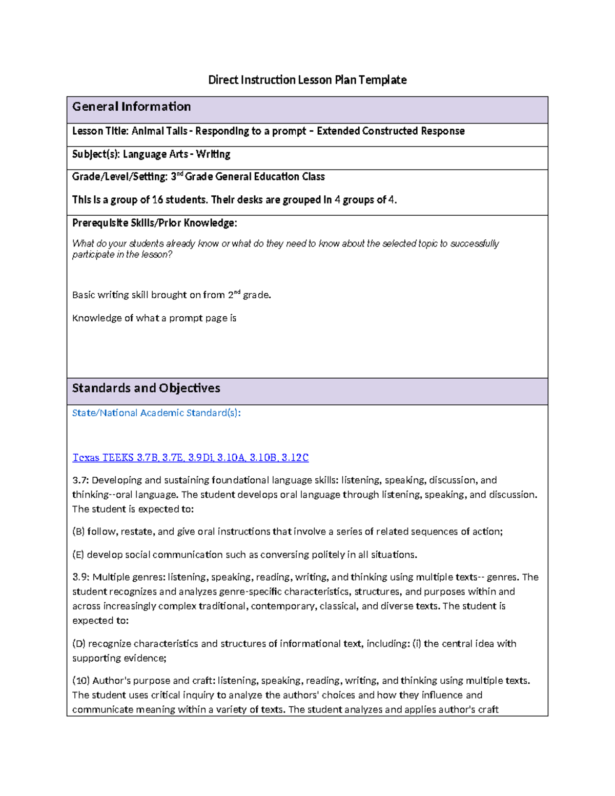 LSM3 TASK 1 Language ARTS Instruction Lesson PLAN with corrections - passed - Direct Instruction ...