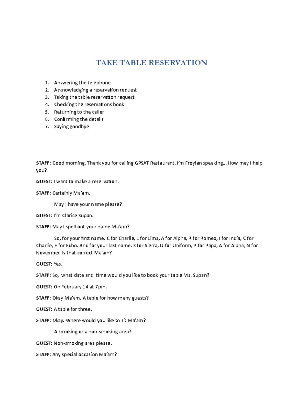 Taking Table Reservation - TAKE TABLE RESERVATION Answering the ...
