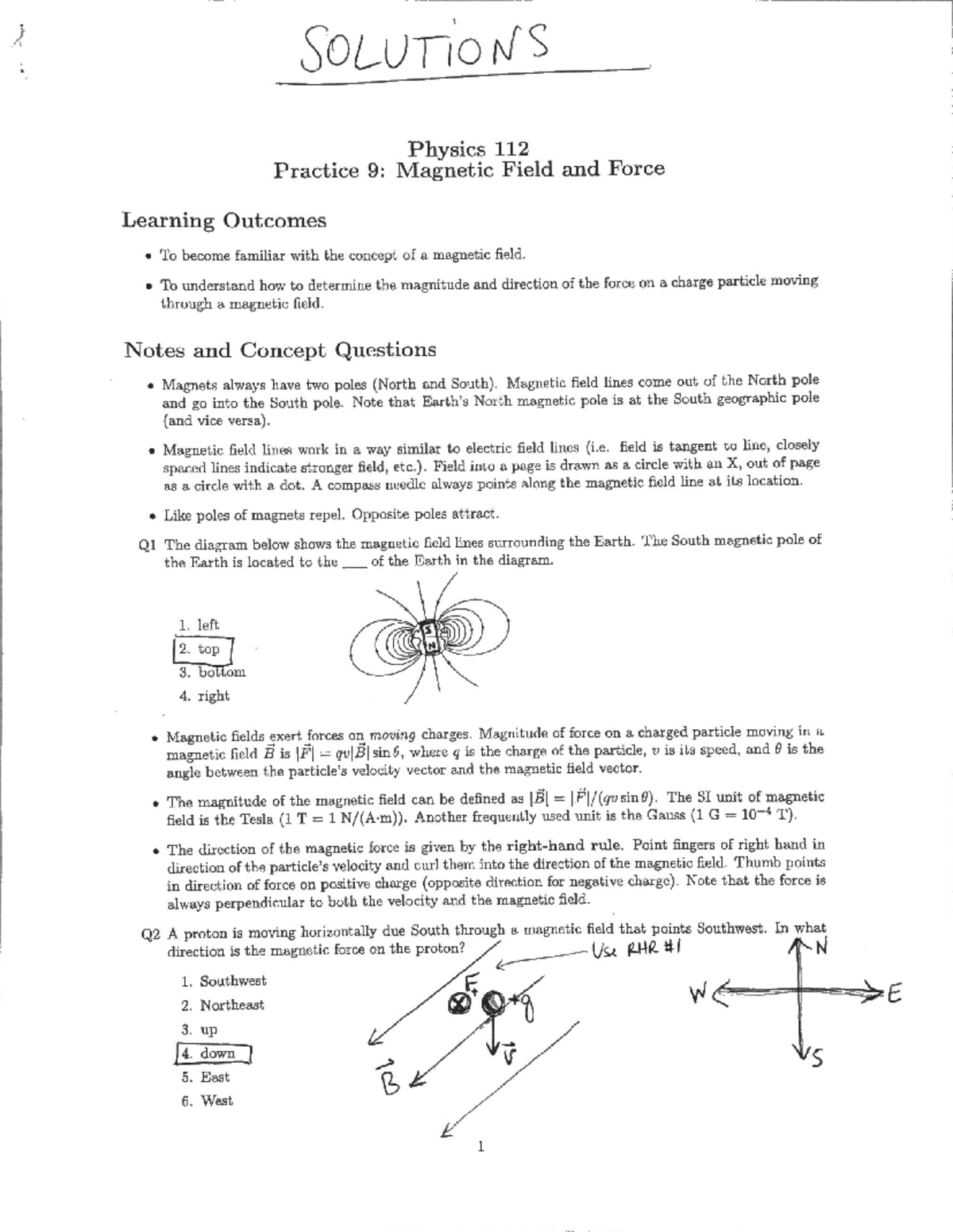 Magnetic Field and Force Practice - PHY 112 - Studocu