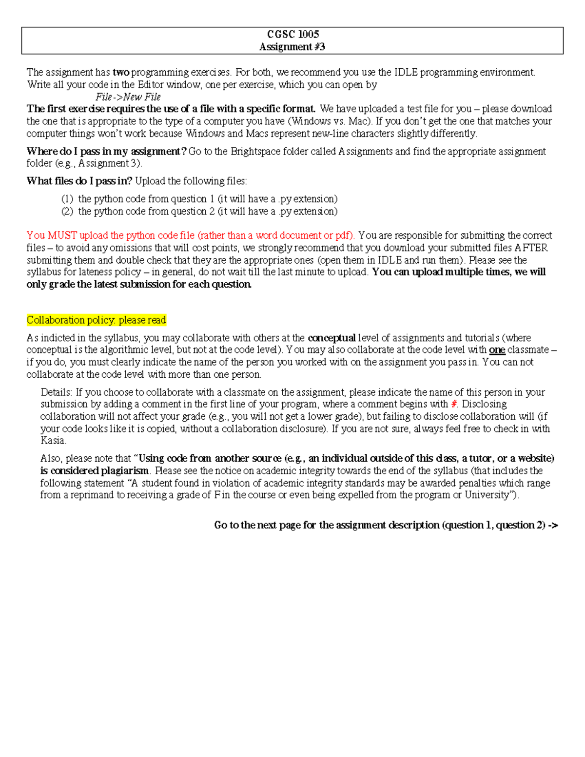 A3 2021 fall - xxx - CGSC 1005 Assignment # The assignment has two programming exercises. For ...