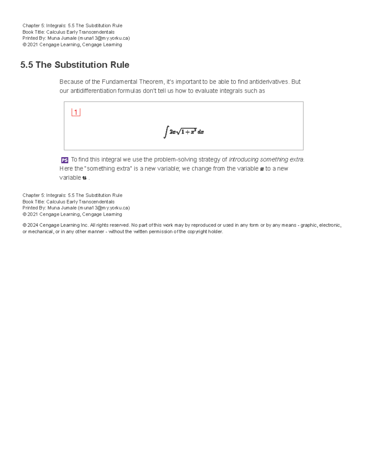 Mind Tap - Cengage Learning - Chapter 5: Integrals: 5 The Substitution Rule Book Title: Calculus ...
