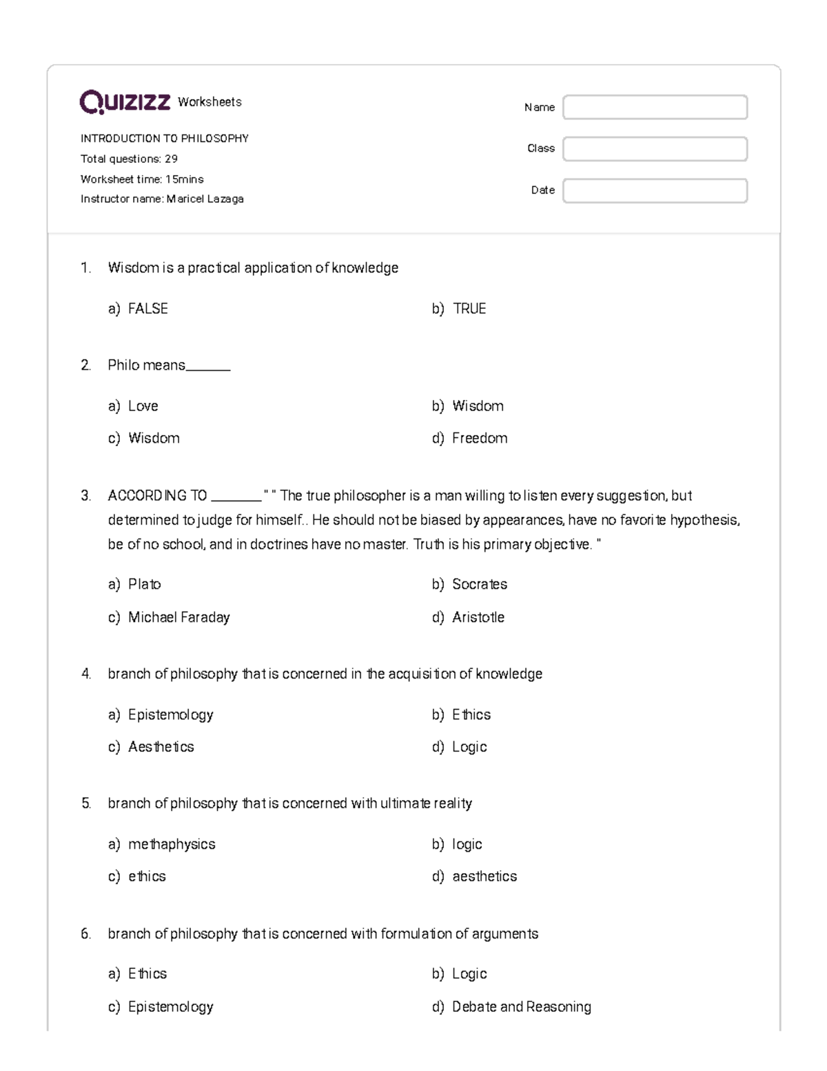 Introduction TO Philosophy Quizizz - Worksheets INTRODUCTION TO ...