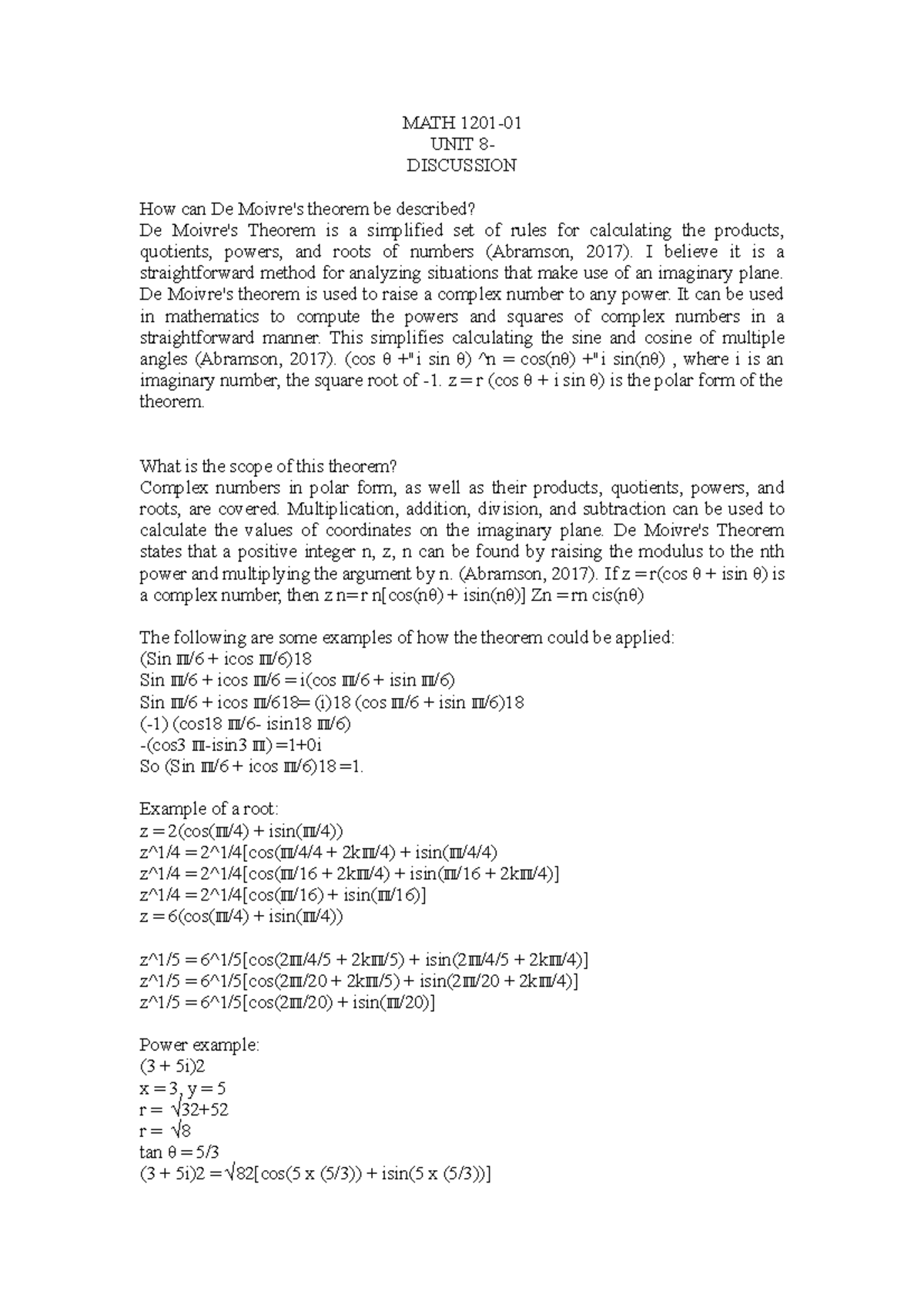 Math1201-01 unit 8 discussion - MATH 1201- UNIT 8- DISCUSSION How can ...