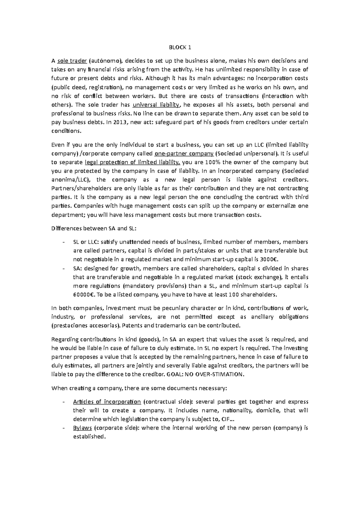 Block 1 - AEGGKWG QNGORKG QGGW - BLOCK 1 A sole trader (autónomo ...