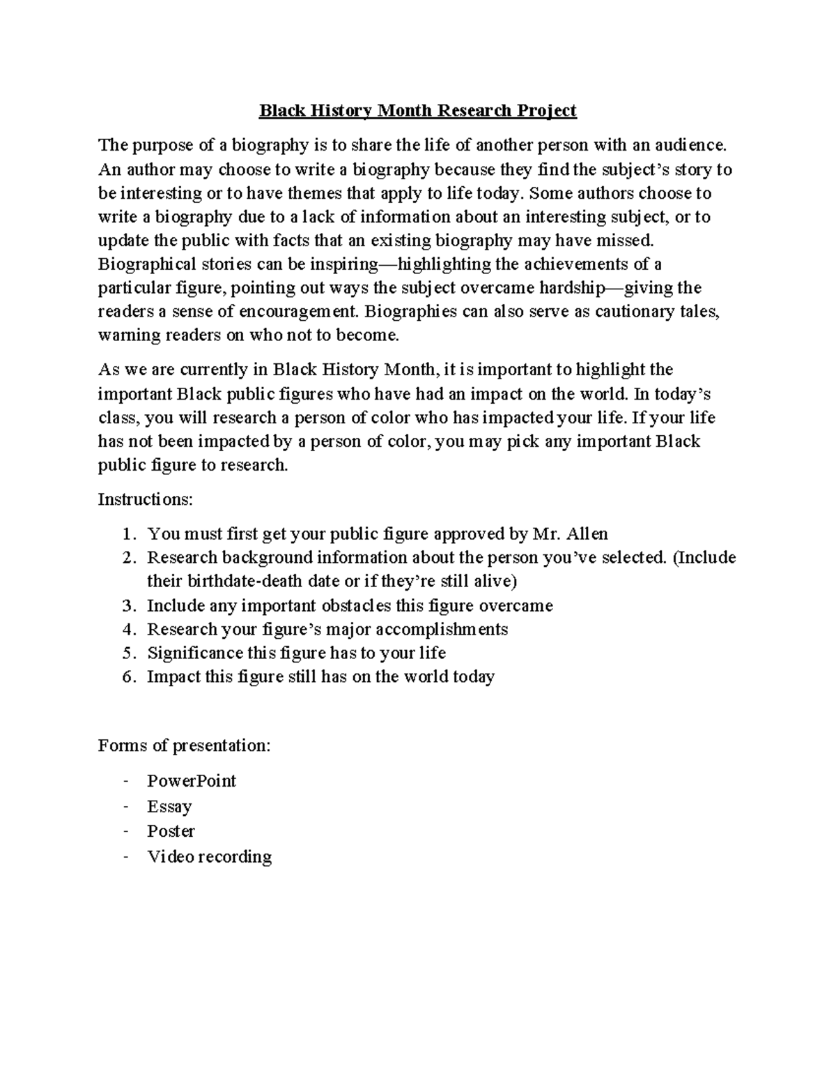 BHM Project - N/A - Black History Month Research Project The purpose of ...