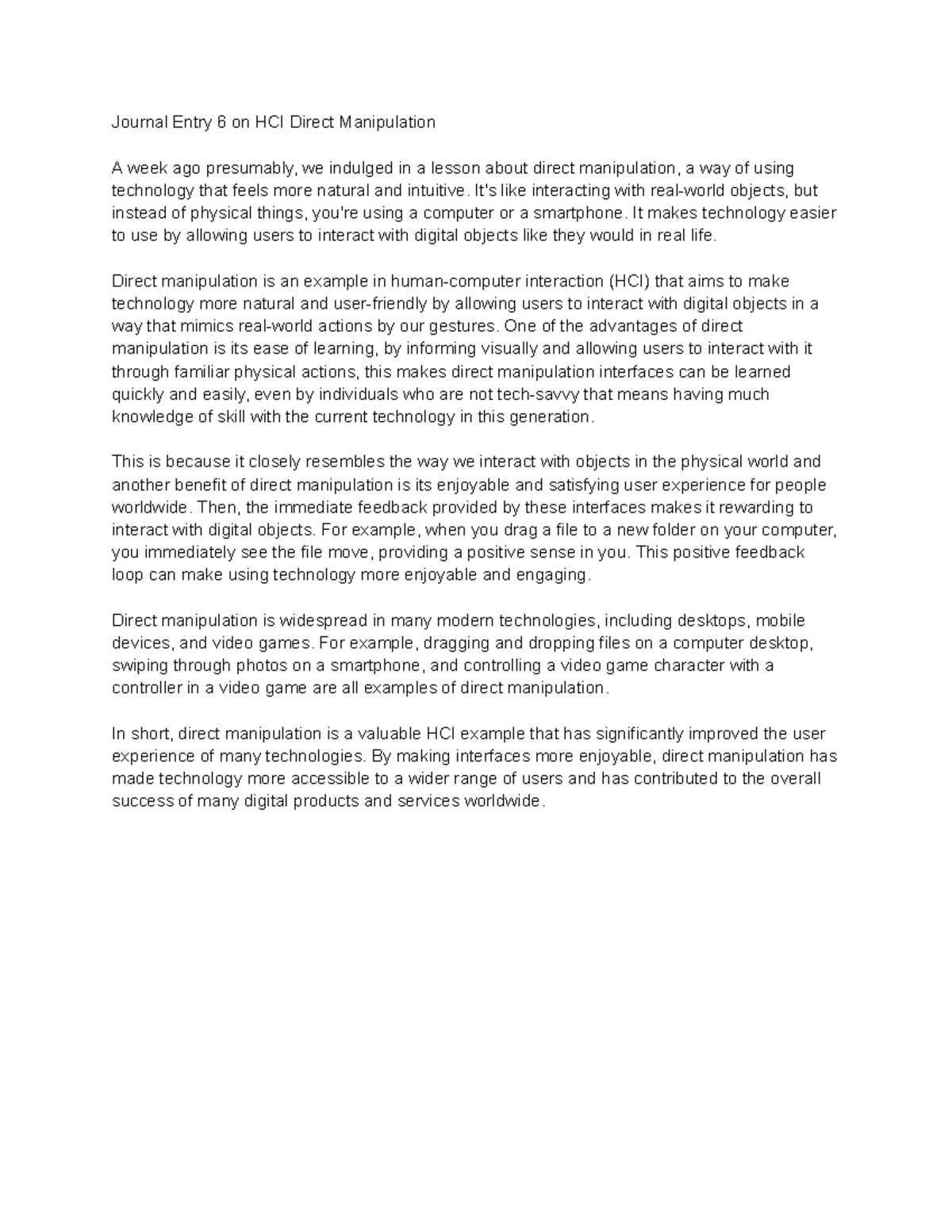 Journal 6 - Journal Entry 6 on HCI Direct Manipulation A week ago ...
