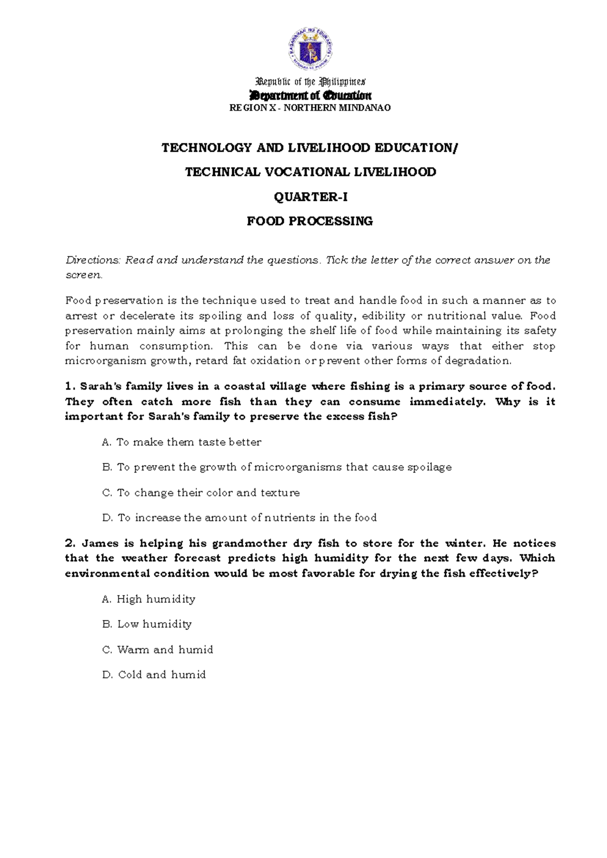 FOOD Processing Final TEST Items docx - Department of Education REGION ...
