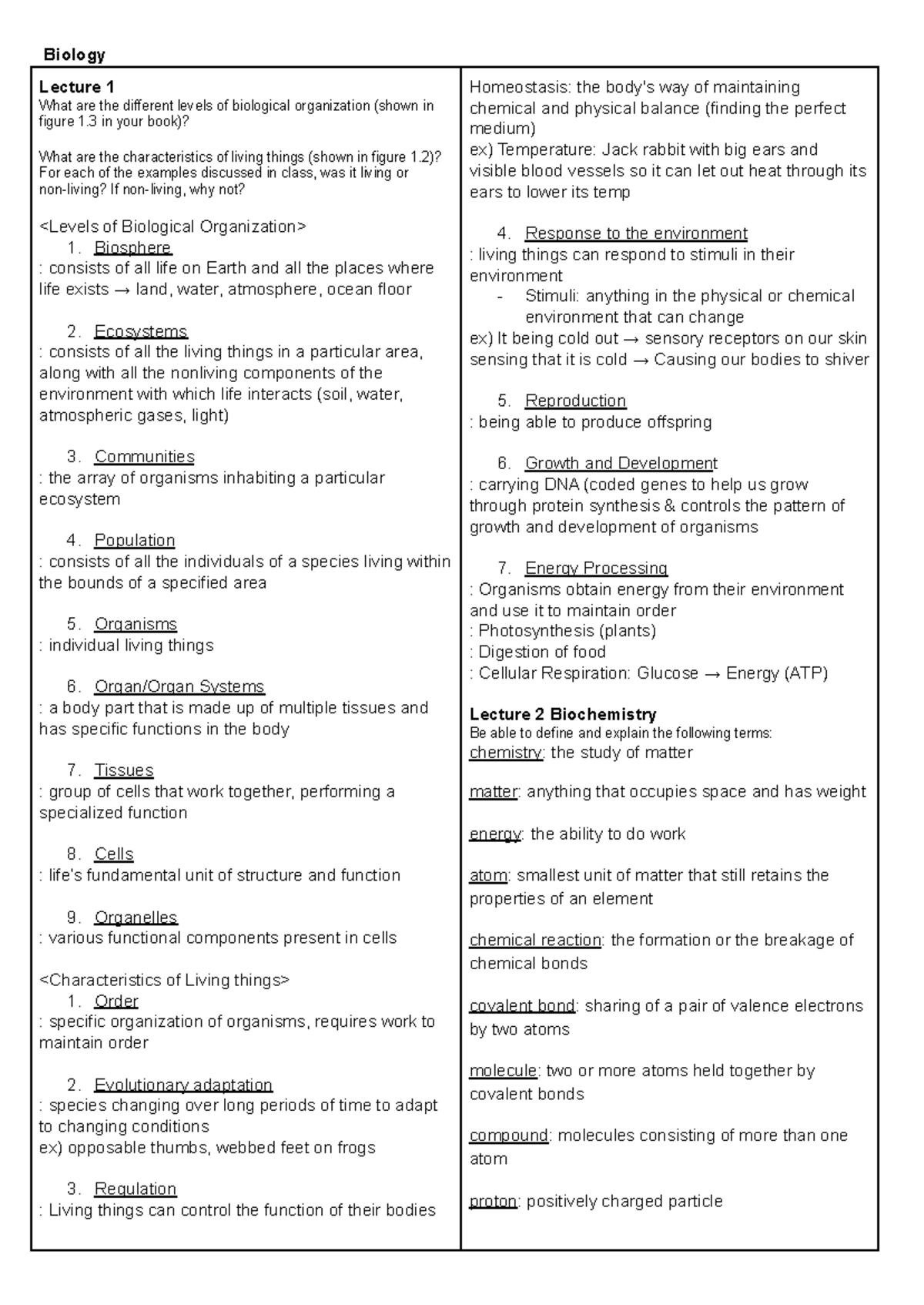 BIO Lecture Note - Biology Lecture 1 What are the different levels of ...