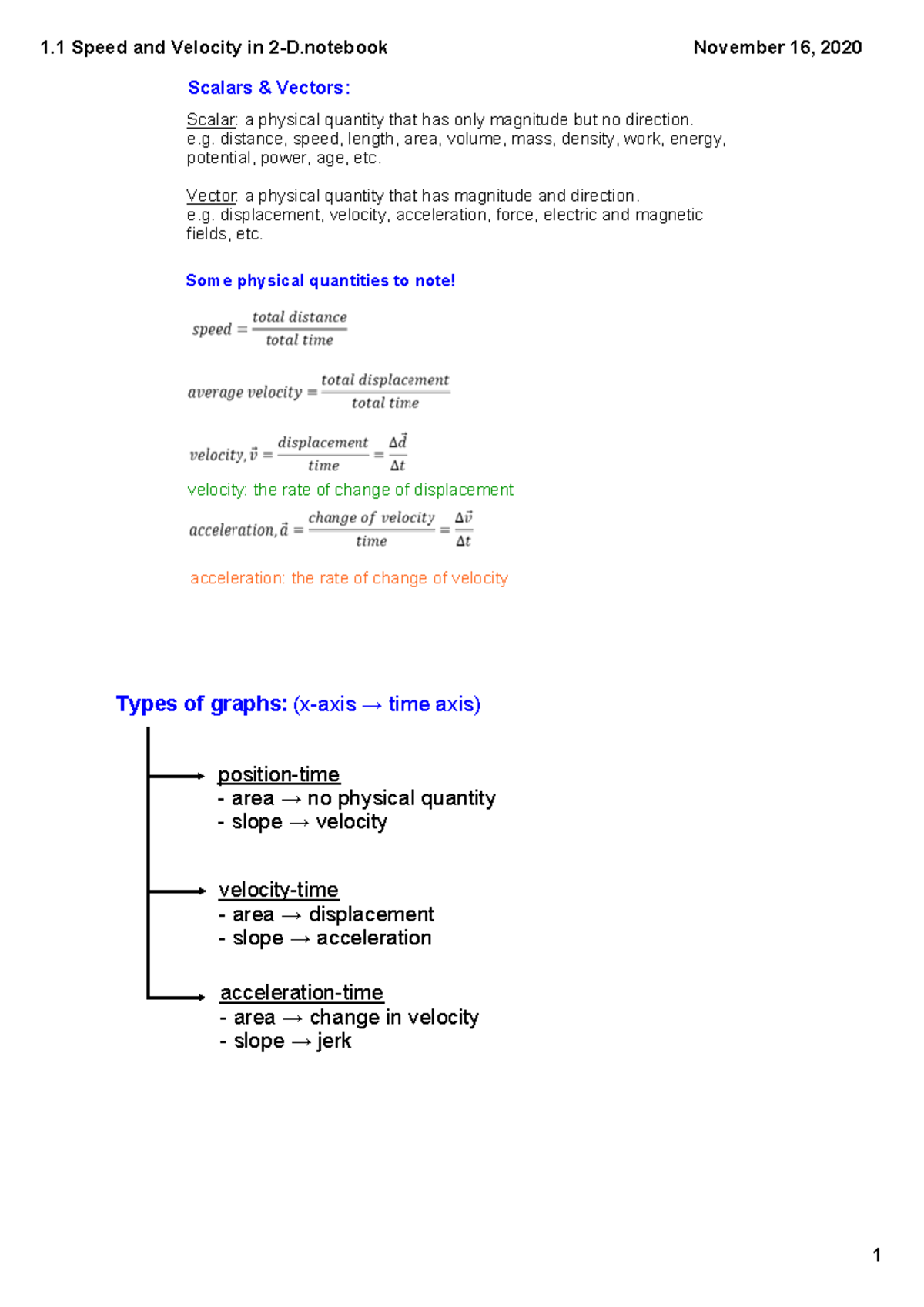 1.1 Speed and Velocity in 2-D - Scalars & Vectors: Scalar: a physical ...