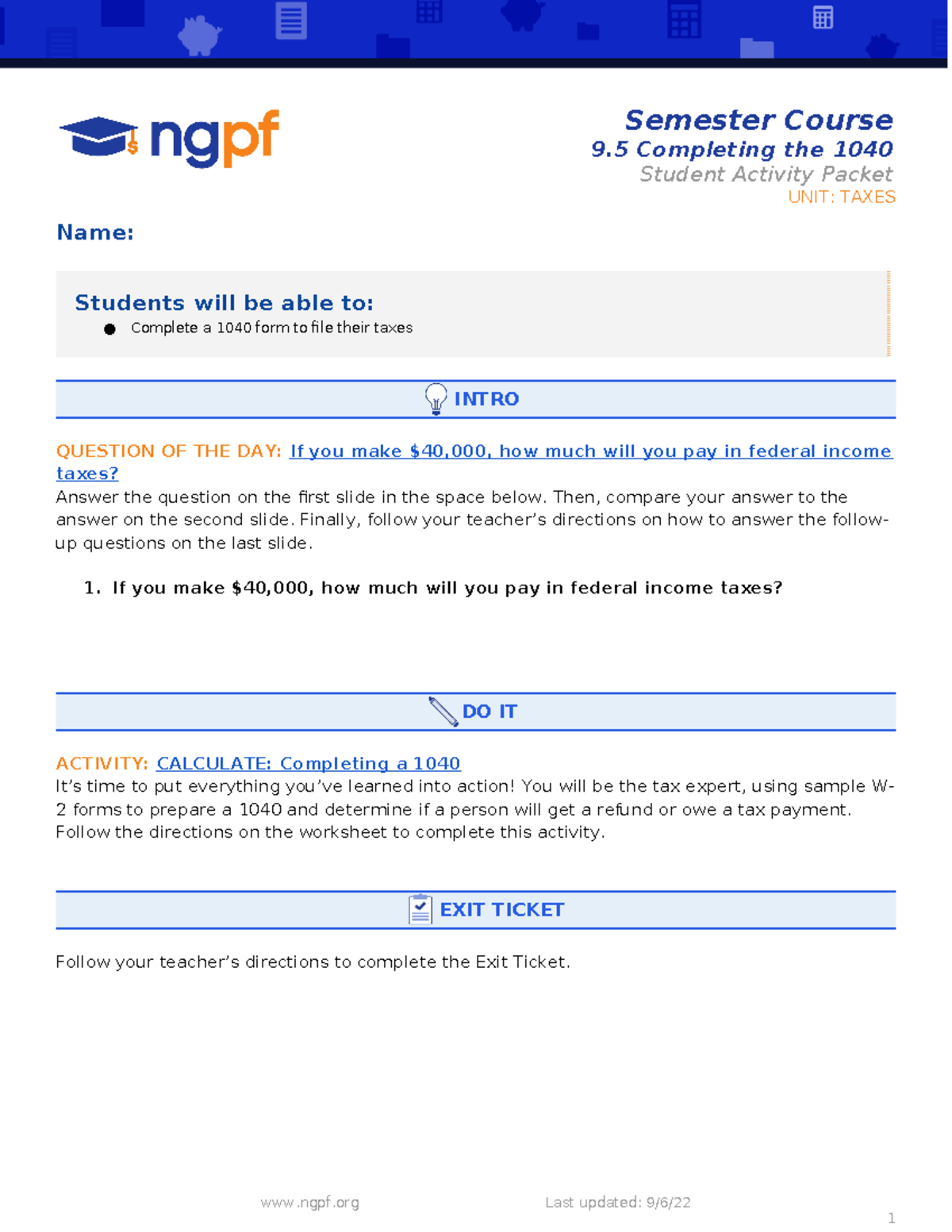 US history Class of taxes - Semester Course 9 Completing the 1040 ...