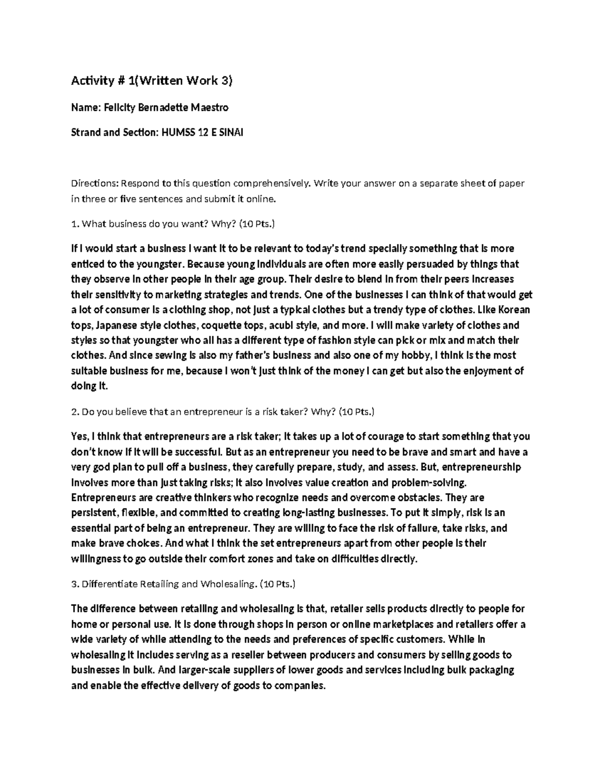 Entrep essay - Activity # 1(Written Work 3) Name: Felicity Bernadette ...