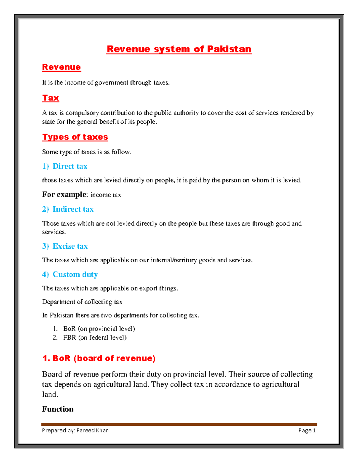 Revenue system of Pakistan - Prepared by: Fareed Khan Page 1 Revenue ...