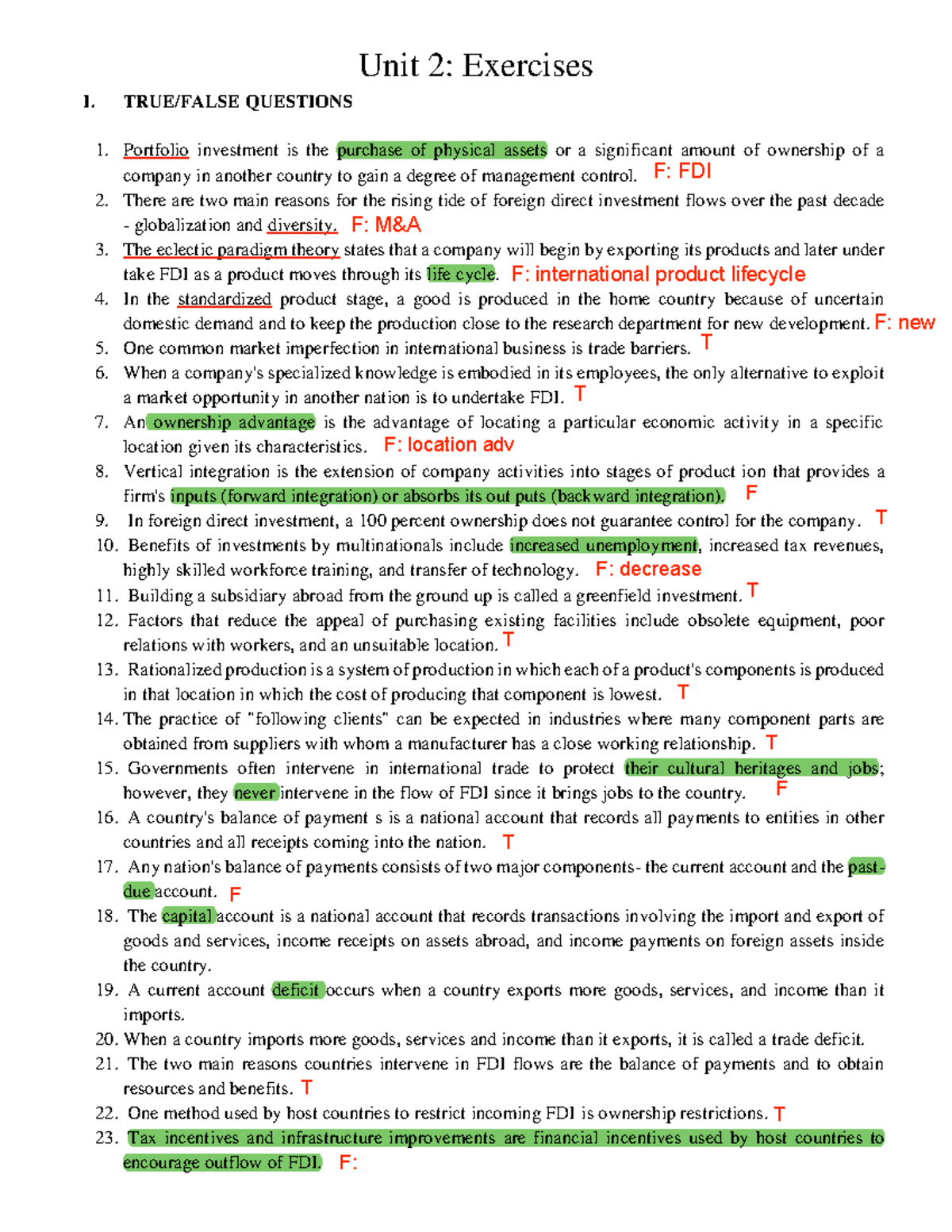 Unit 2 - Exercises to sts - Unit 2: Exercises I. TRUE/FALSE QUESTIONS ...