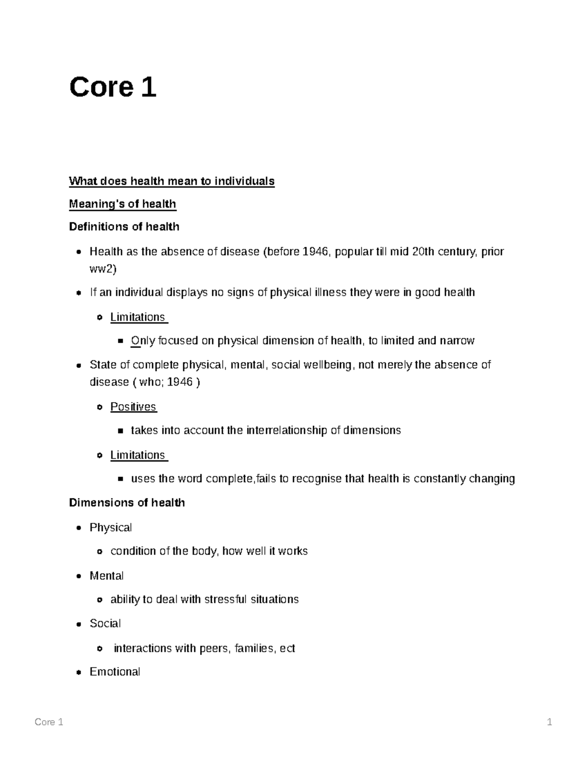 Pdhpe year 11 notes - Core 1 1 Core 1 What does health mean to ...