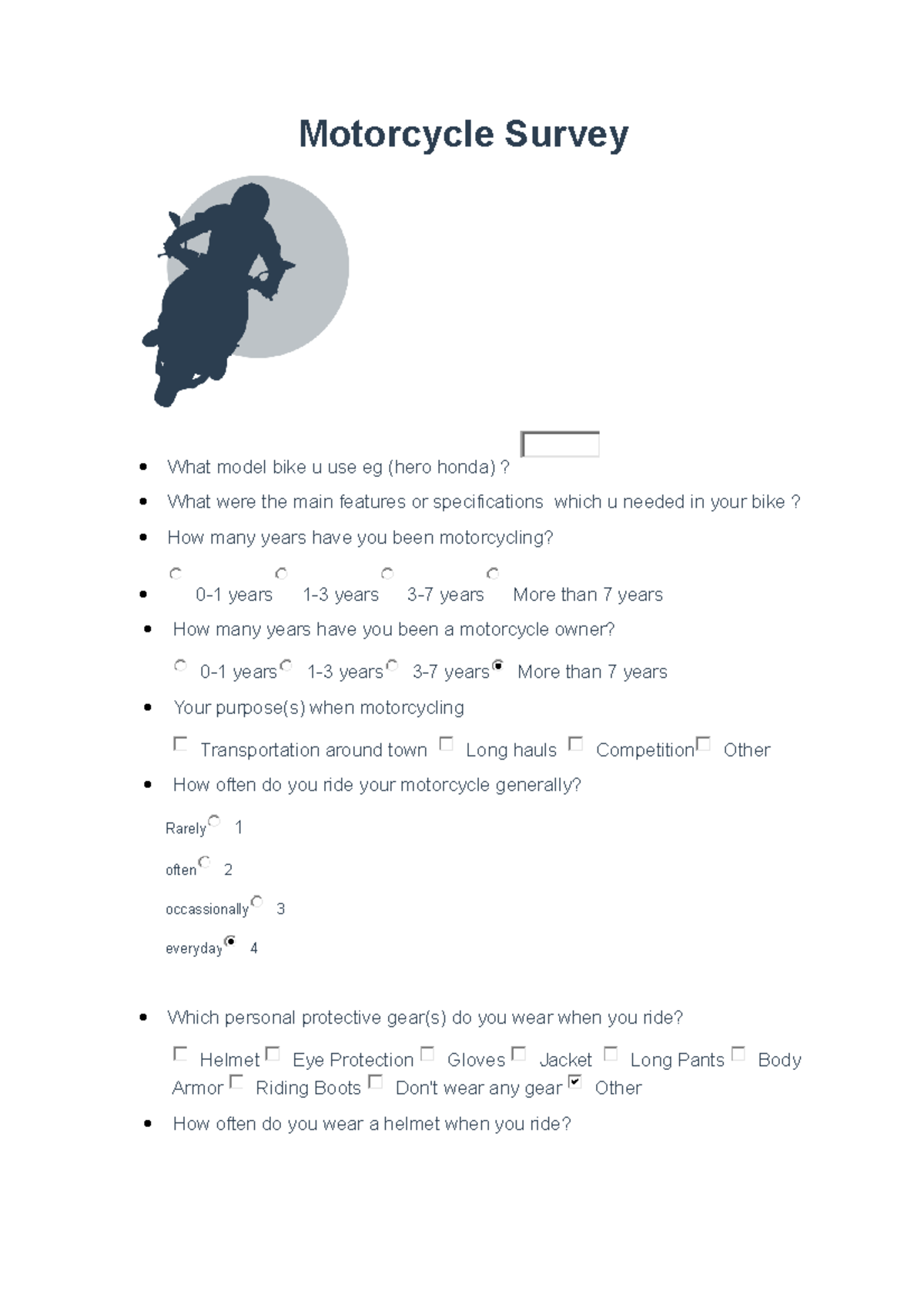 Questionarie - ZDGBZ - Motorcycle Survey What model bike u use eg (hero ...