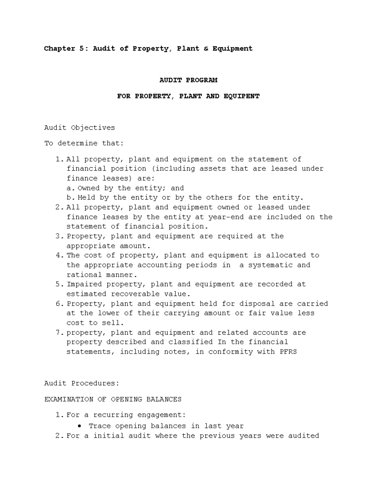 Pdfcoffee - Audit program for fixed asset (property plant and eqipment ...