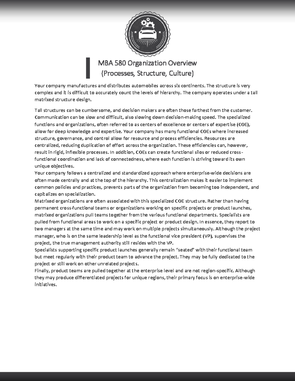 MBA 580 Organization Overview - MBA 580 Organization Overview ...