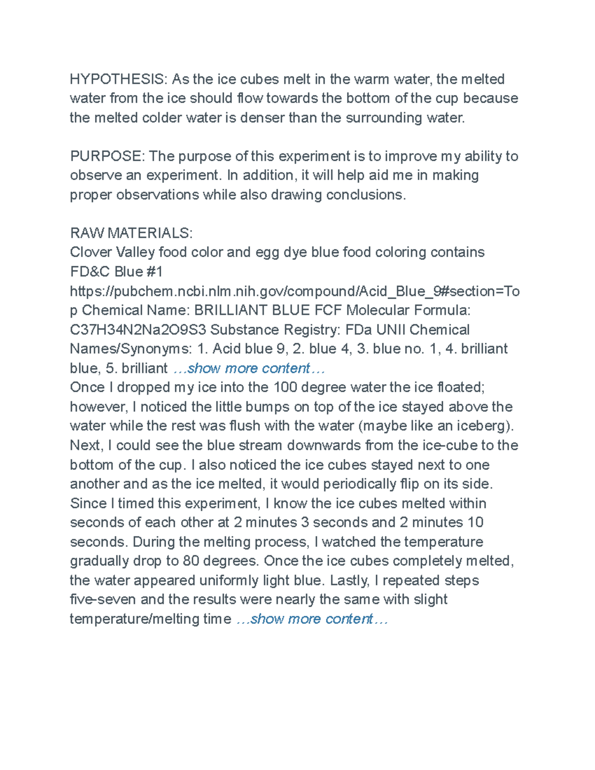 Ice Cubes Lab Report - nnnn - HYPOTHESIS: As the ice cubes melt in the ...