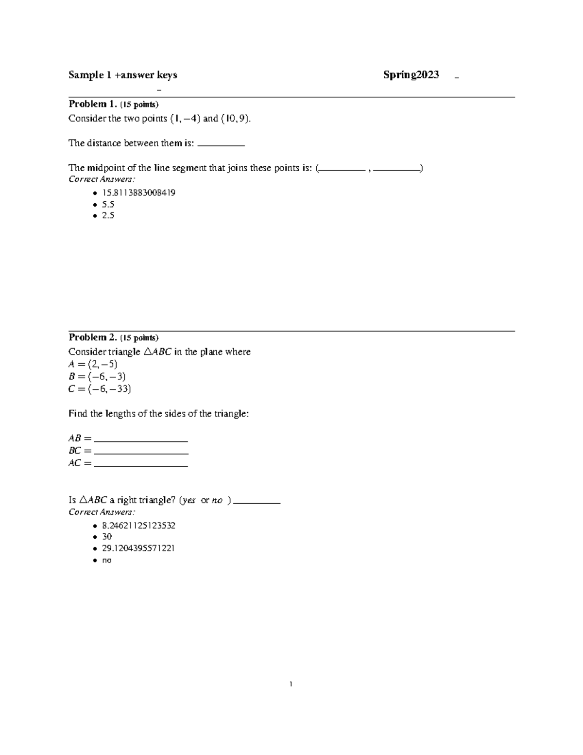 Col ALg Spring 2023 Sample Exam1 - Sample 1 +answer keys Spring Problem 1. (15 points) Consider ...