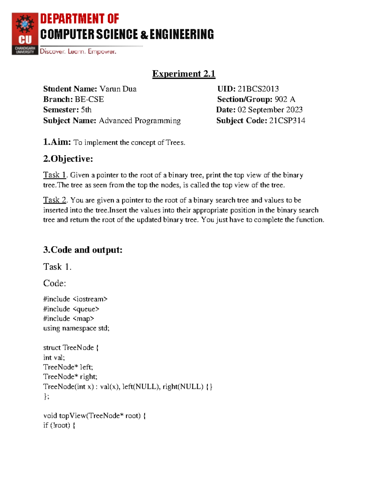 2.1 AP Varun - xxvjv - COMPUTER SCIENCE & ENGINEERING Experiment 2. Student Name: Varun Dua UID ...