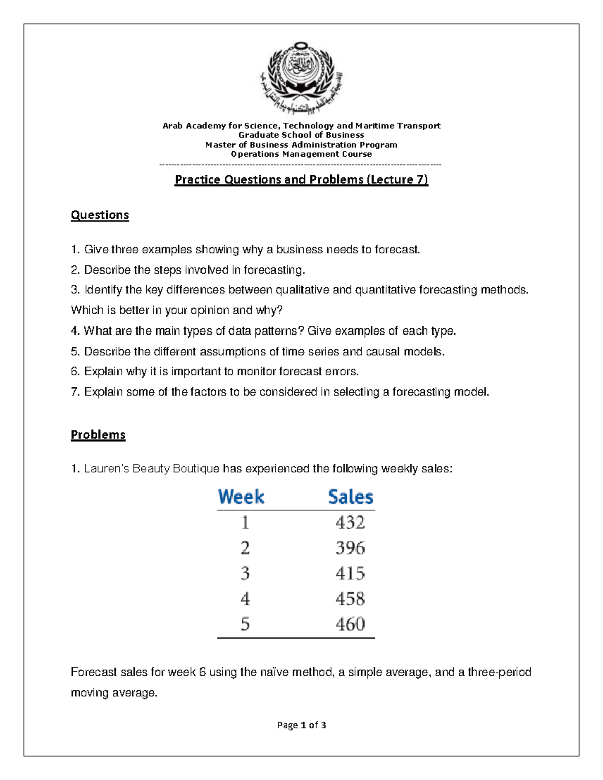 Lecture 7 Practice problems - Arab Academy for Science, Technology and Maritime Transport ...