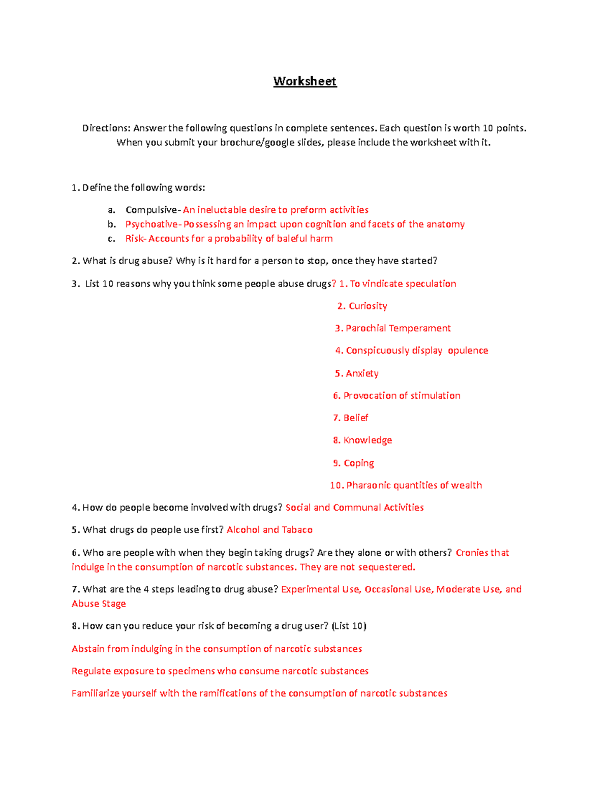 Drug abuse worksheet and brochure - Worksheet Directions: Answer the ...