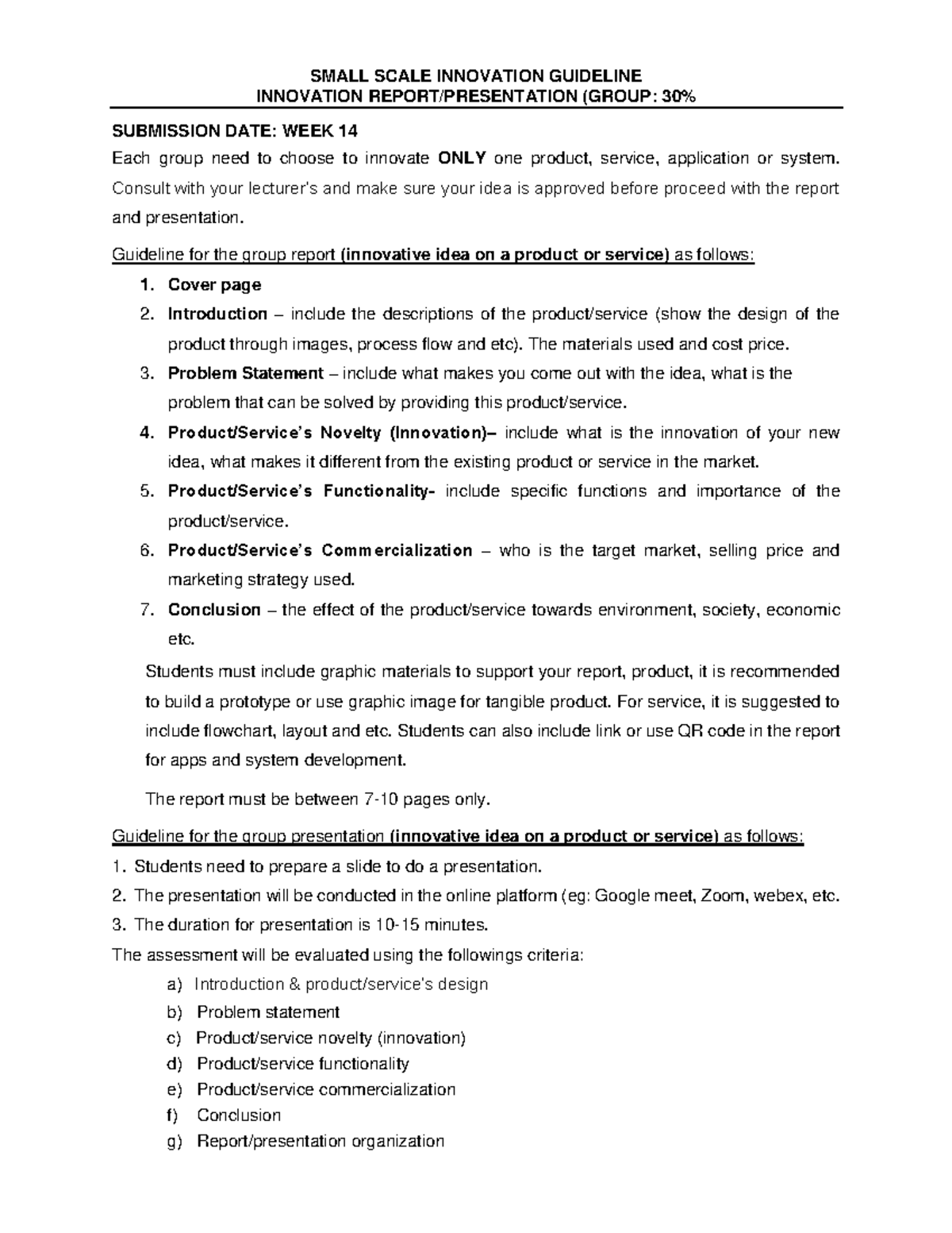 Innovation Report (Group) FOR MGT315 - SMALL SCALE INNOVATION GUIDELINE ...