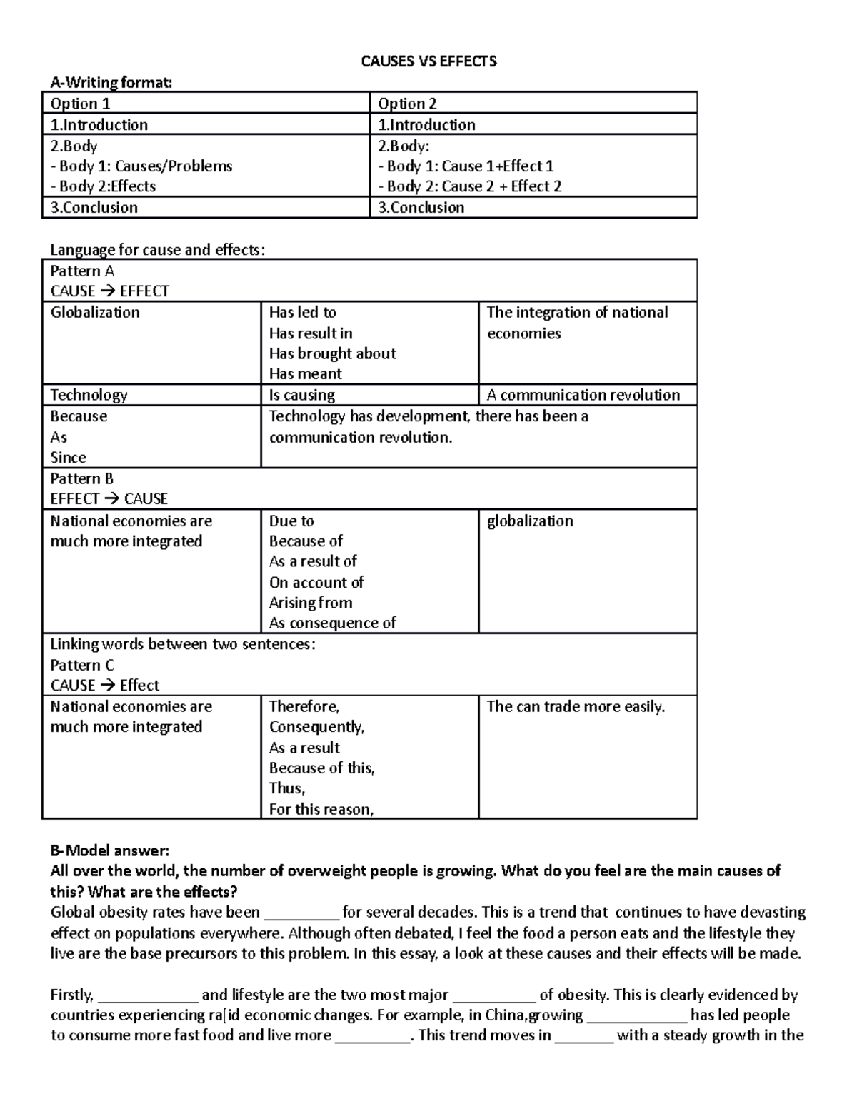 Causes VS Effects - Grammar - CAUSES VS EFFECTS A-Writing format ...