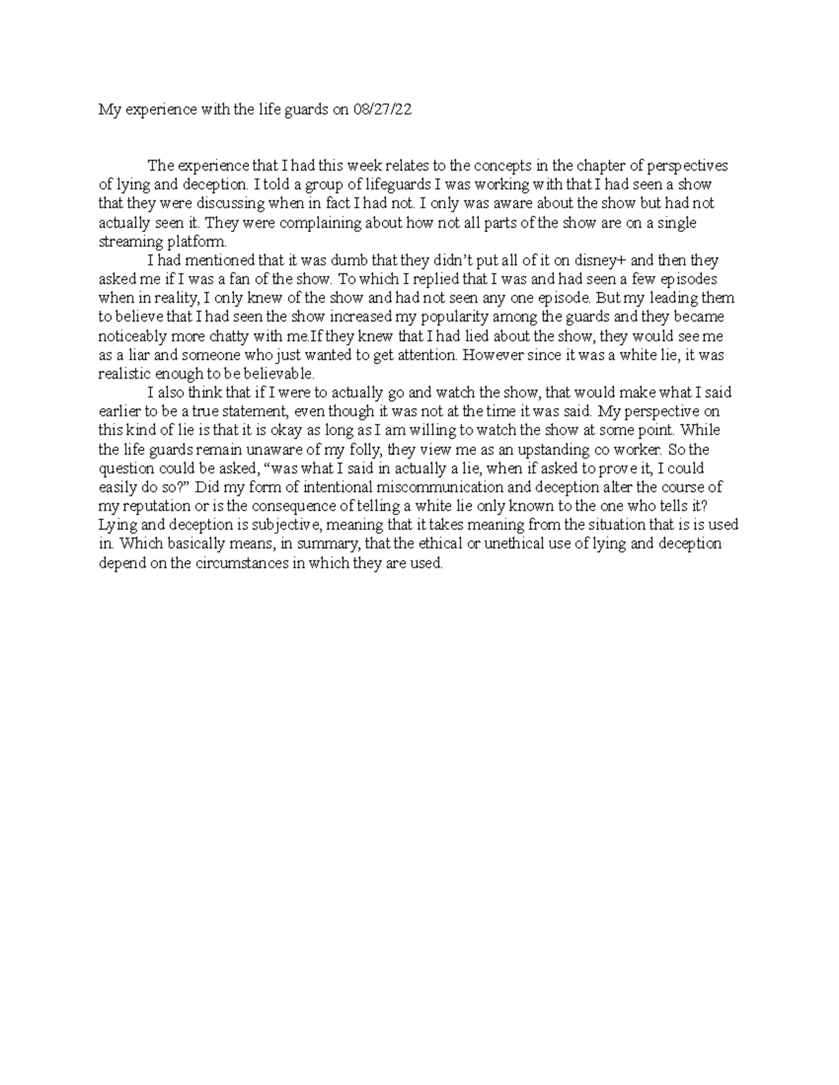 Journal Entry 1 #Deception COMM3150 - My experience with the life ...