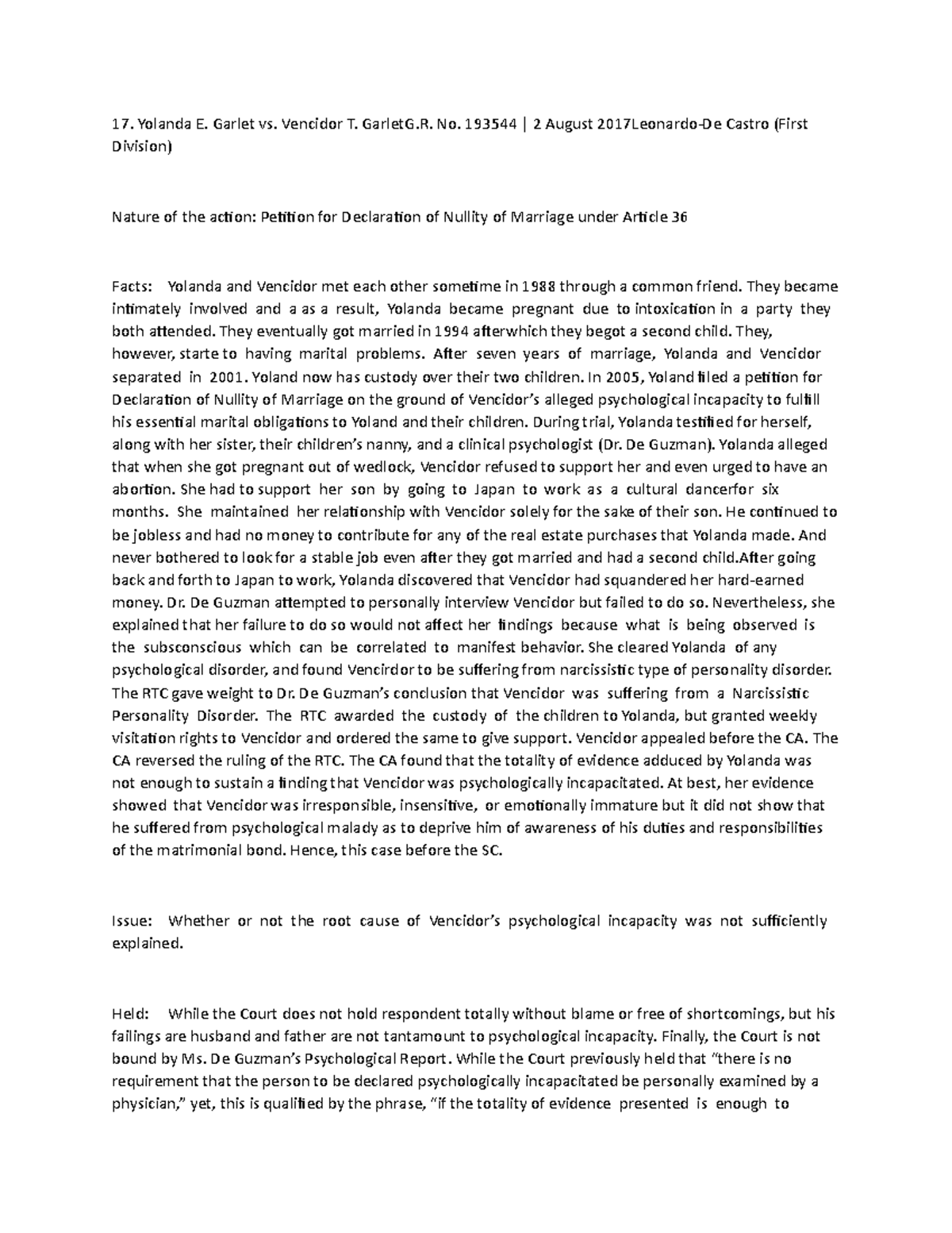 Garlet v. Garlet - Yolanda E. Garlet vs. Vencidor T. GarletG. No ...