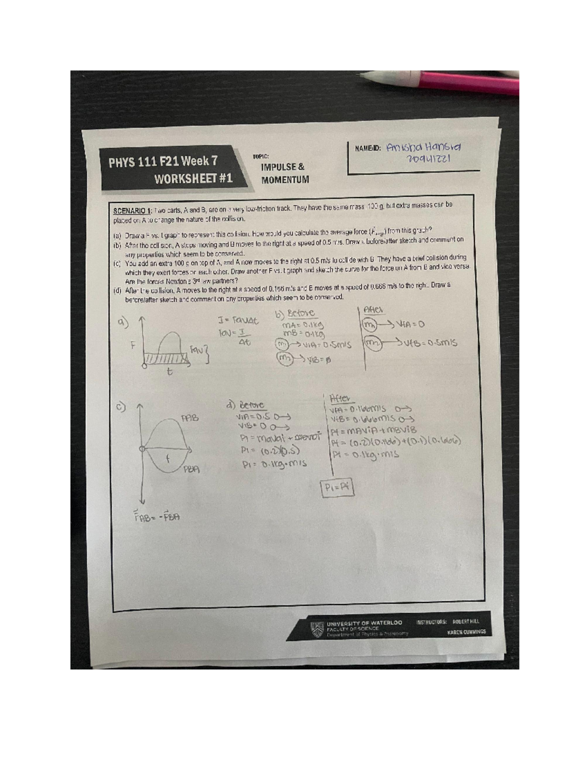 PHYS111 Week 7 Worksheet 1 & 2 - Phys 112 - UWaterloo - Studocu