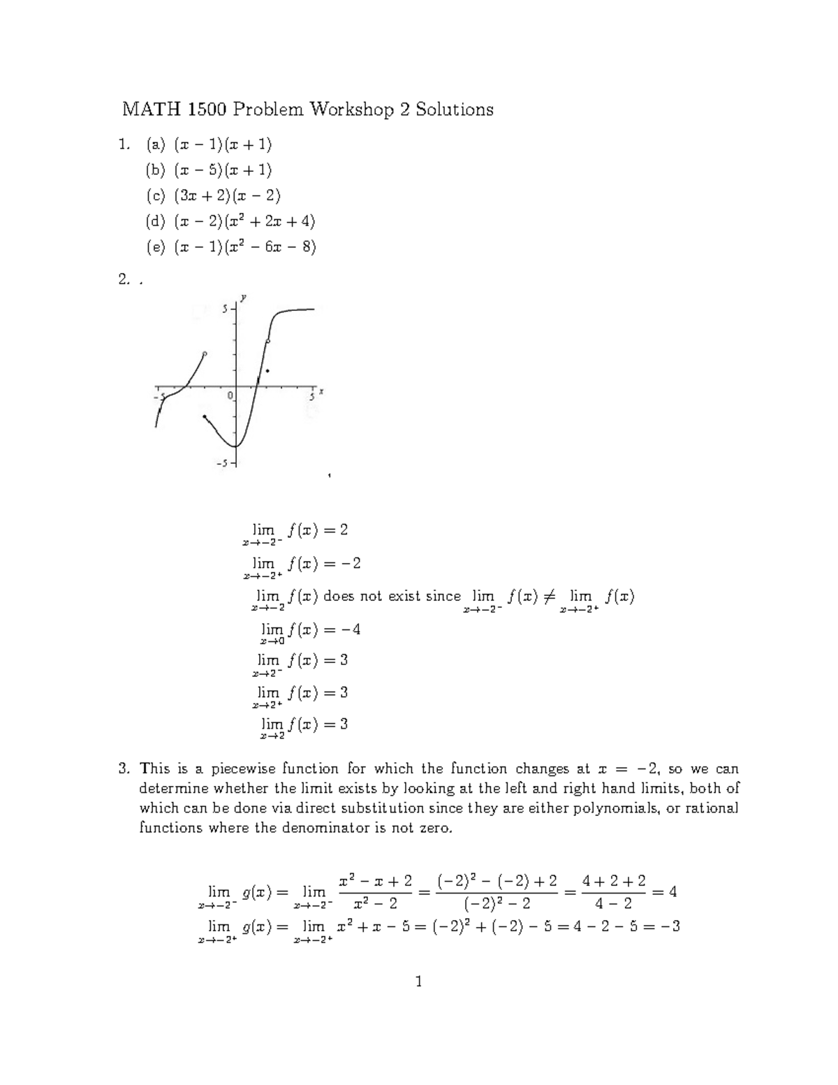 PW2Solutions - MATH 1500 Problem Workshop 2 Solutions (a) (x − 1)(x + 1 ...