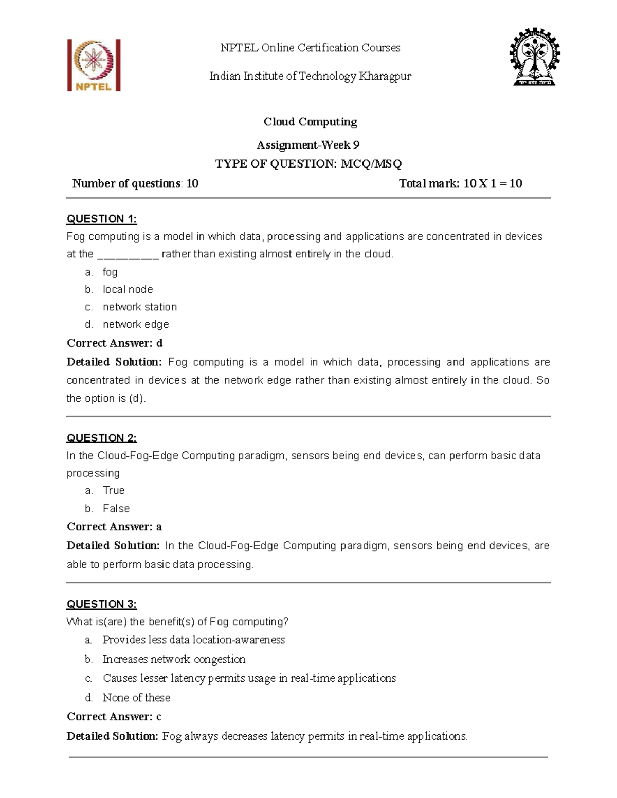 Nptel CC Assignment 9 - ASDAS DSADSAD - Indian Institute of Technology ...