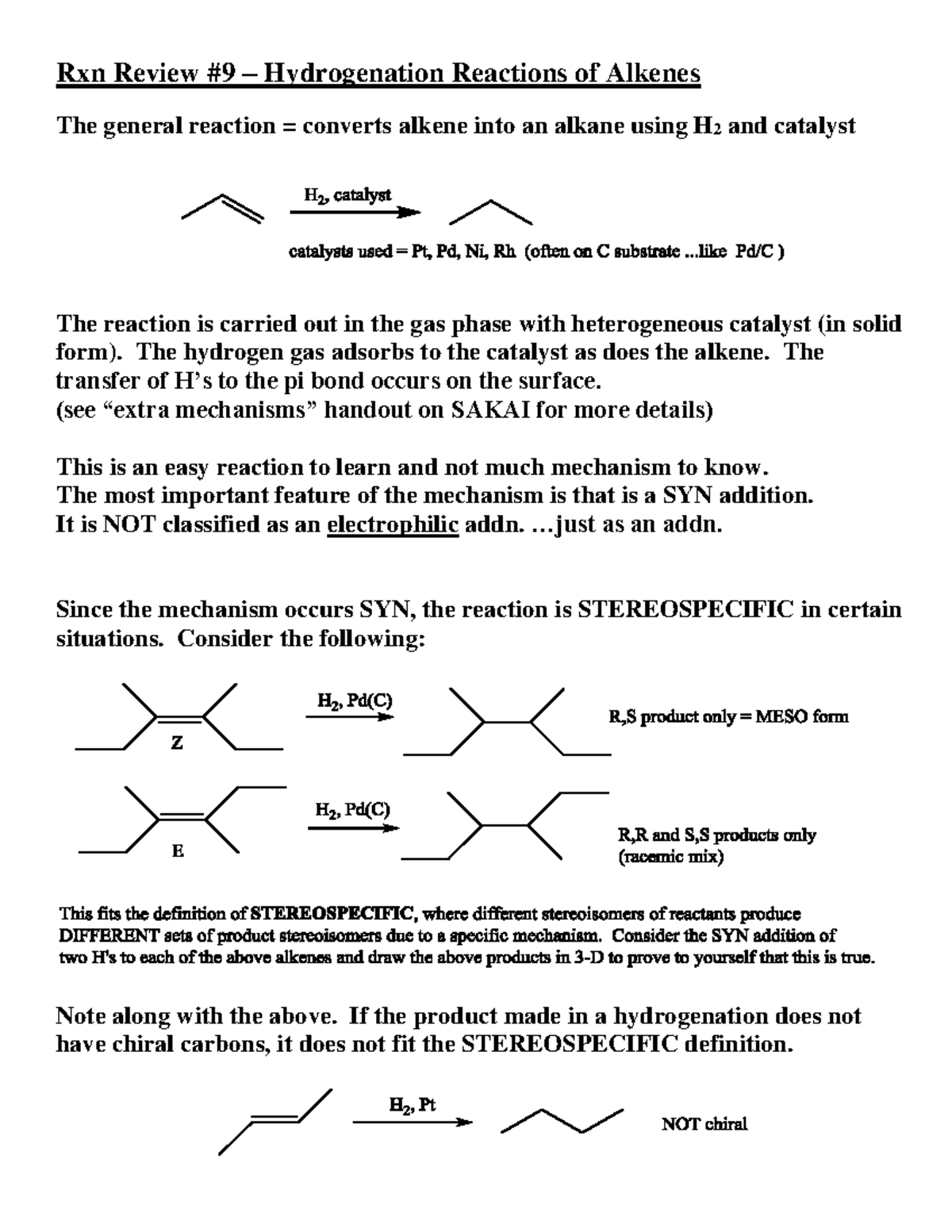 Reaction Review 9 - Hydrogenation of Alkenes - Rxn Review Hydrogenation ...