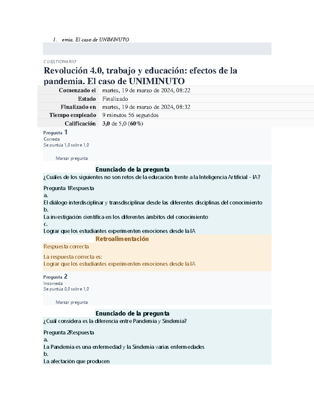 Actividad 6 Catedra - 1. emia. El caso de UNIMINUTO CUESTIONARIO ...