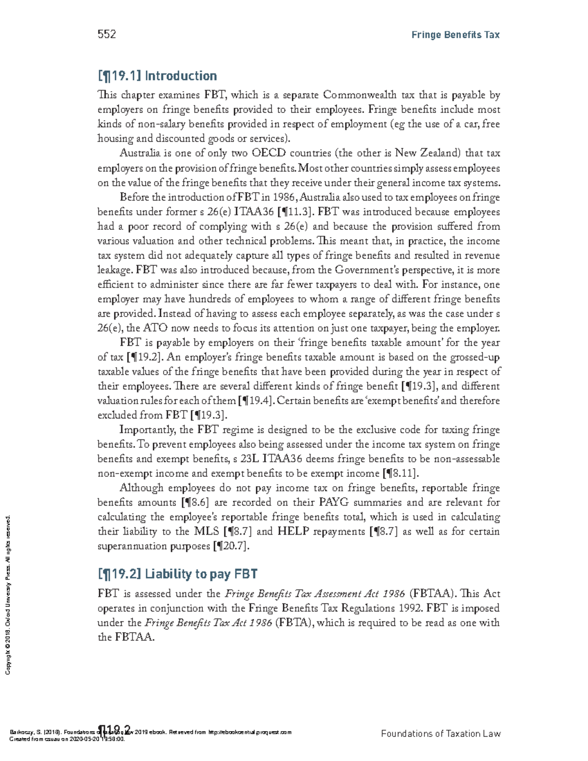 FBT - chapter summary - Foundations of Taxation Law - ¶19 Foundations ...