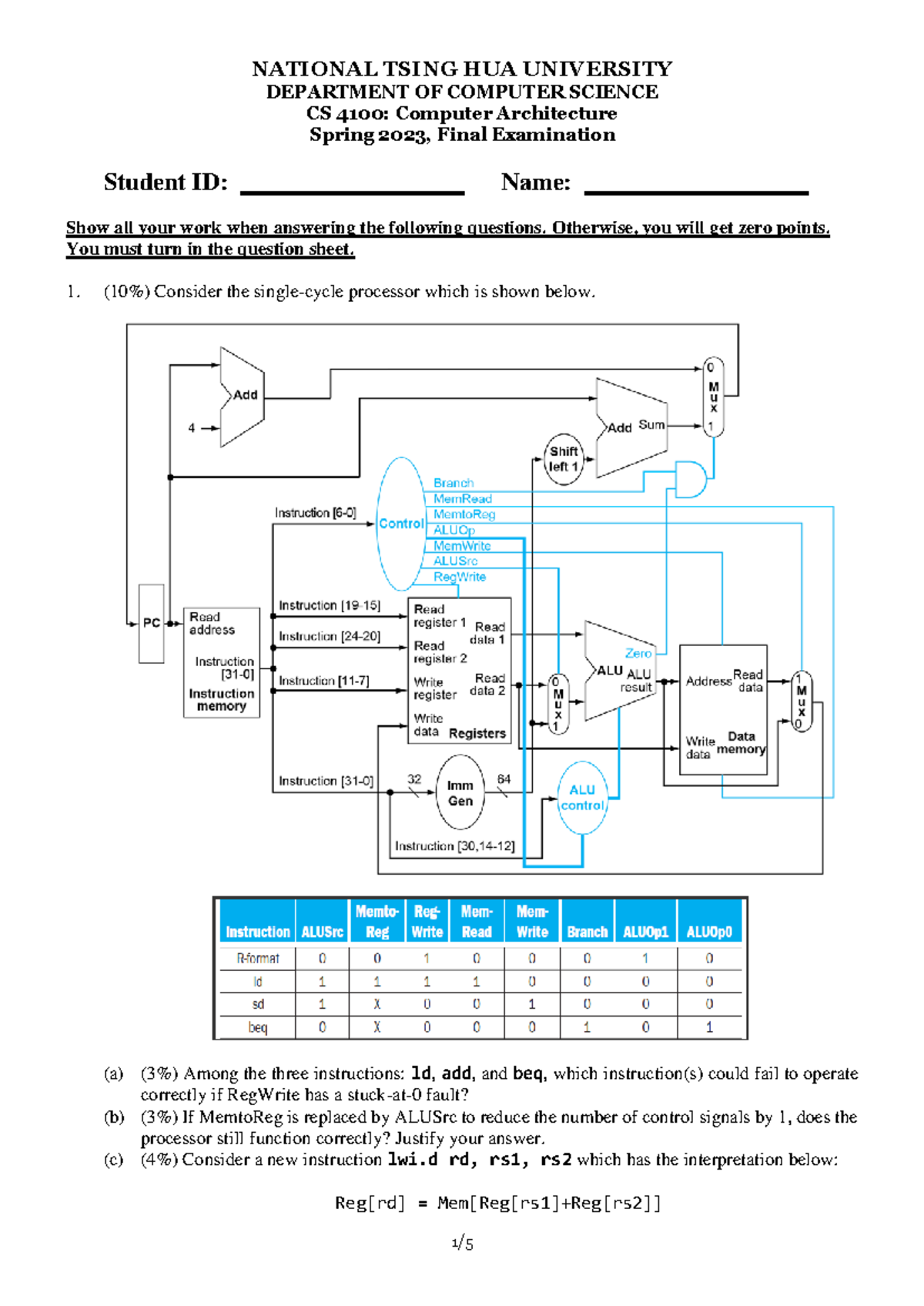 Final 2023 - NATIONAL TSING HUA UNIVERSITY DEPARTMENT OF COMPUTER SCIENCE CS 4100: Computer ...