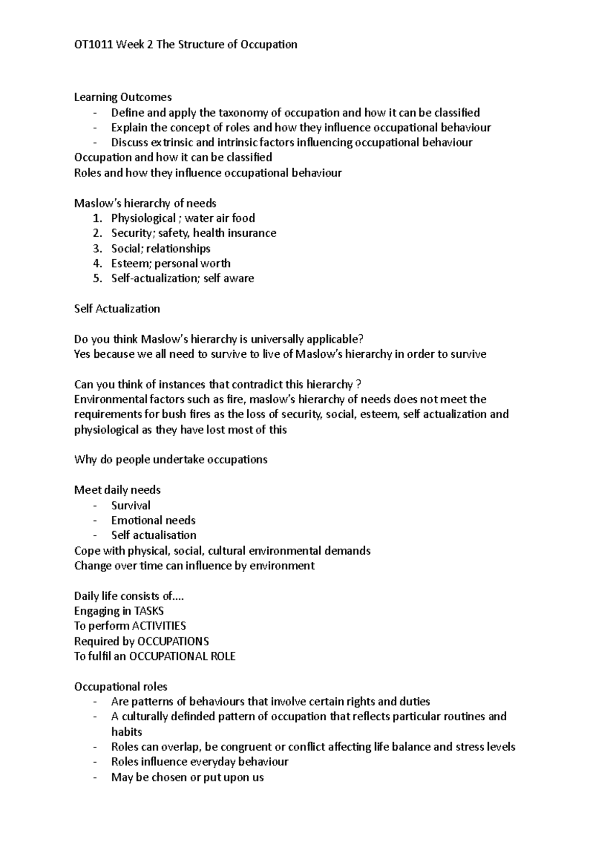 Week 2 OT Lecture Summary - OT1011 Week 2 The Structure of Occupation ...