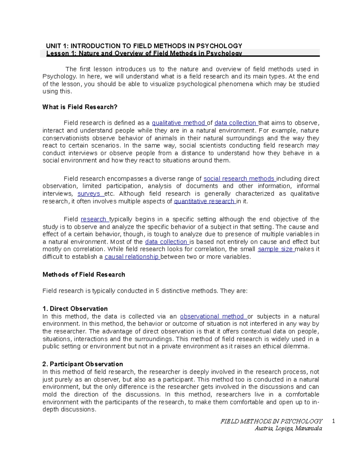 UNIT 1- Field Methods IN Psych - UNIT 1: INTRODUCTION TO FIELD METHODS ...